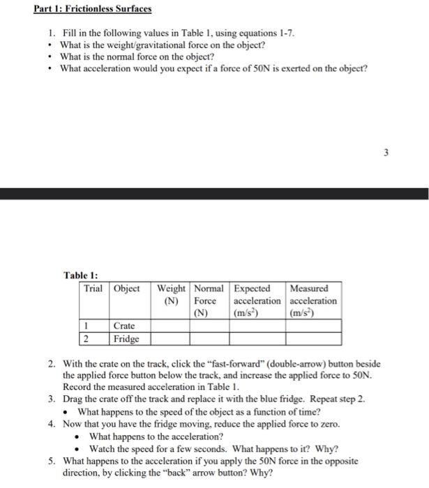 Part 1: Frictionless Surfaces 1. Fill in the | Chegg.com