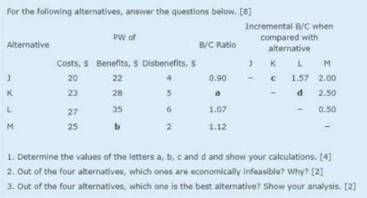 Solved For the following alternatives, answer the questions | Chegg.com