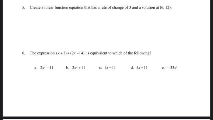 Solved 5 Create A Linear Function Equation That Has A Rate