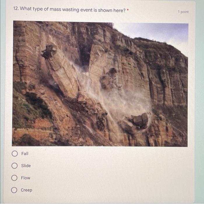 Solved 12. What type of mass wasting event is shown here? * | Chegg.com