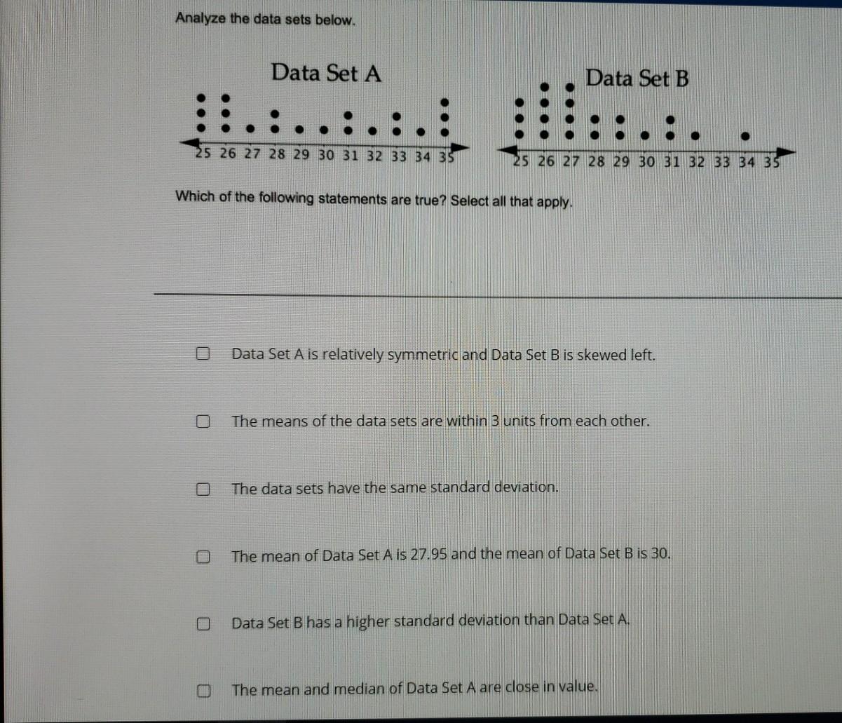 Solved Analyze the data sets below. Data Set A Data Set B 25 | Chegg.com