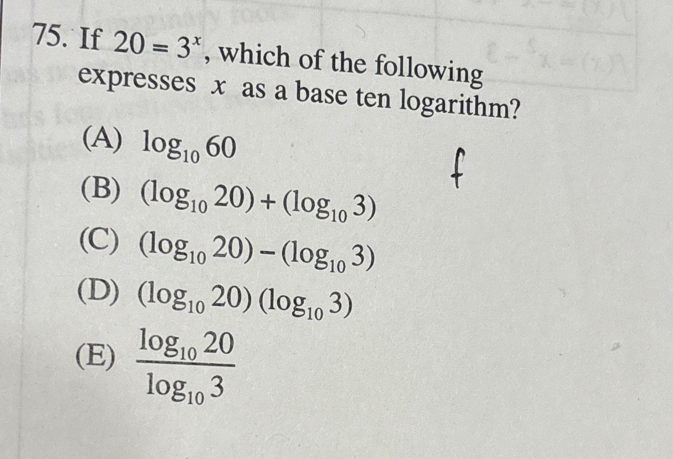Solved If 20=3x, ﻿which of the following expresses x ﻿as a | Chegg.com