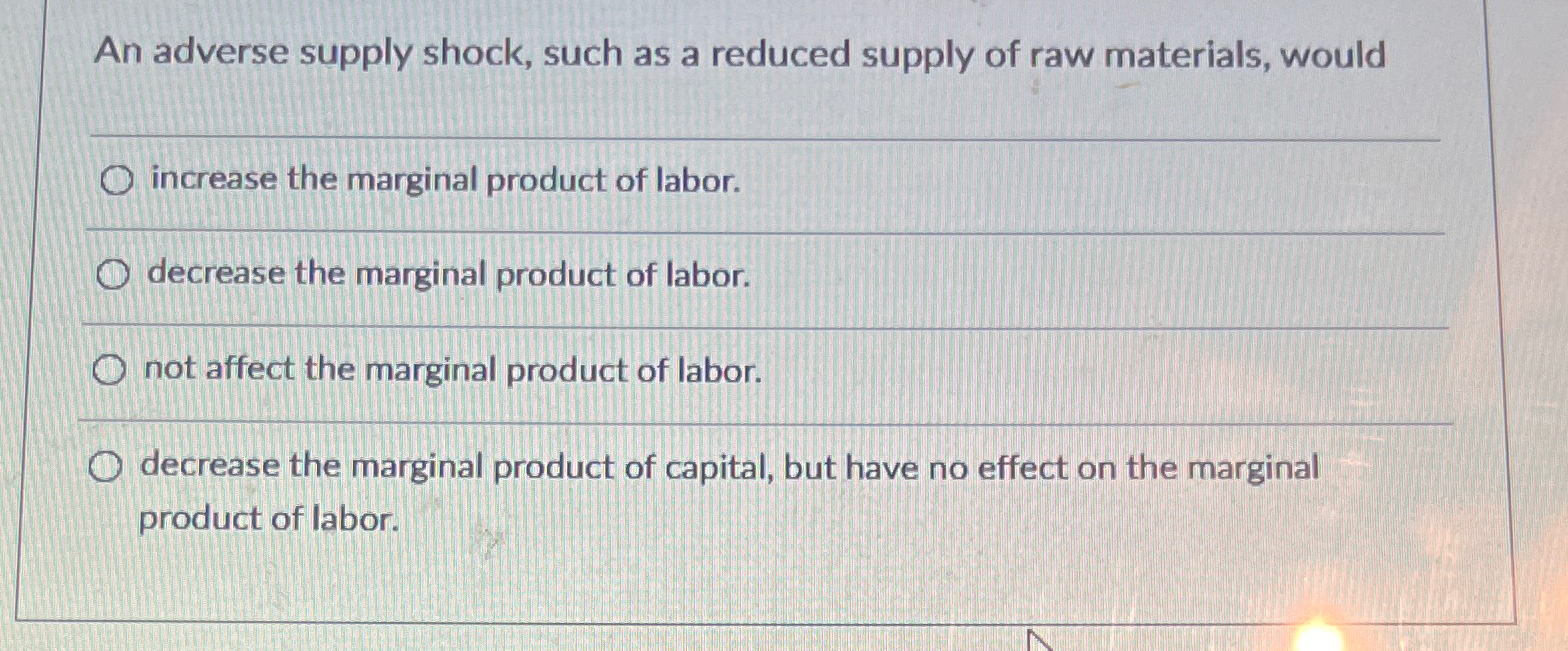 Solved An adverse supply shock, such as a reduced supply of | Chegg.com