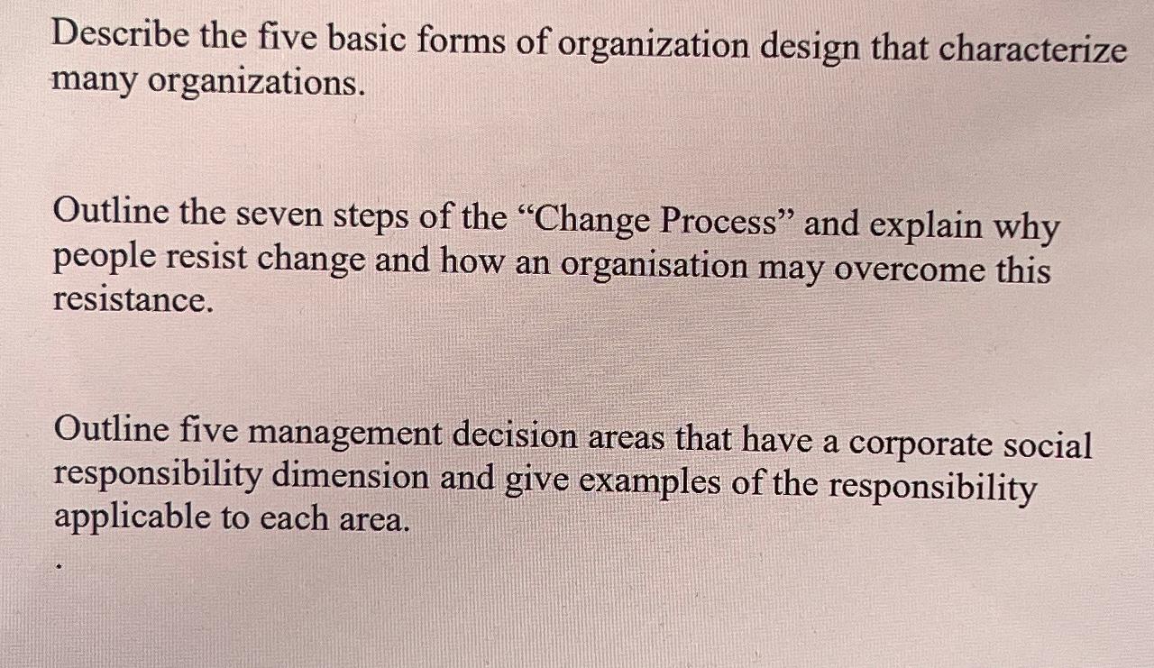 Solved Describe the five basic forms of organization design | Chegg.com