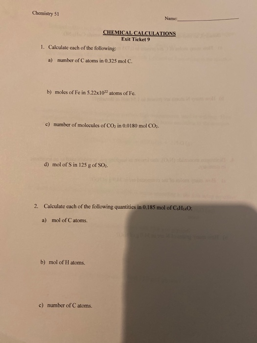 Solved Chemistry 51 Name: CHEMICAL CALCULATIONS Exit Ticket | Chegg.com