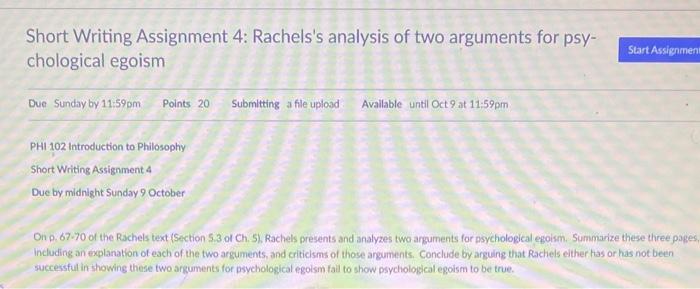Short Writing Assignment 4: Rachels's analysis of two | Chegg.com