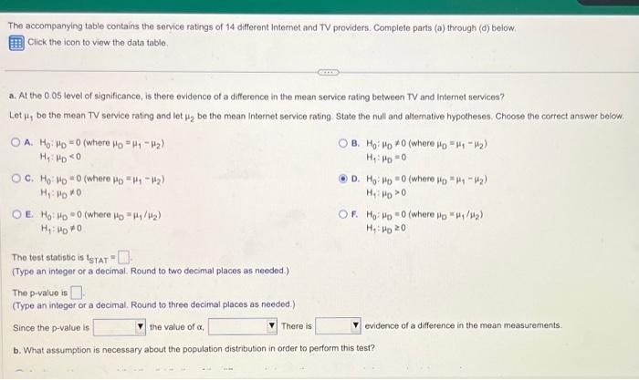 Solved The accompanying table contains the service ratings | Chegg.com
