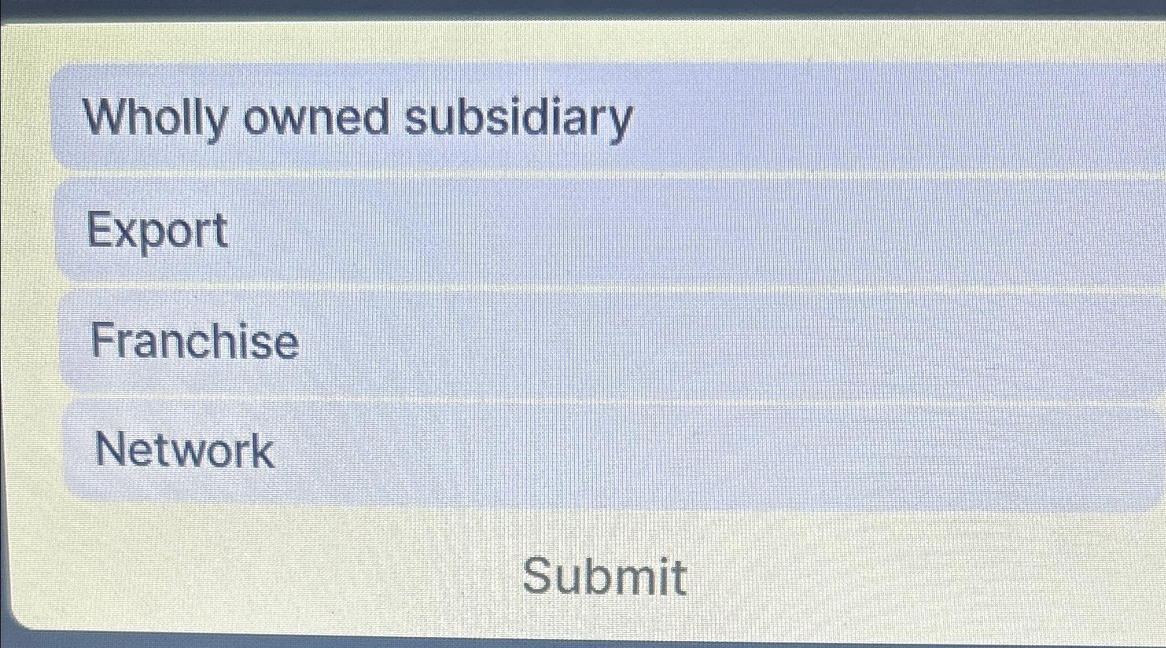 Solved Wholly owned subsidiaryExportFranchiseNetworkSubmit | Chegg.com