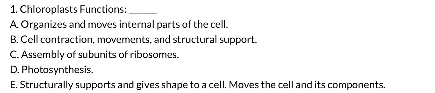 Solved Chloroplasts Functions: q,A. ﻿Organizes and moves | Chegg.com
