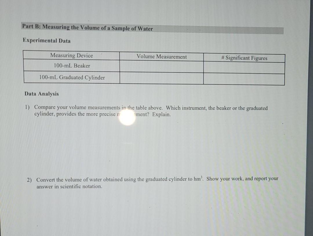 Part B: Measuring the Volume of a Sample of Water | Chegg.com