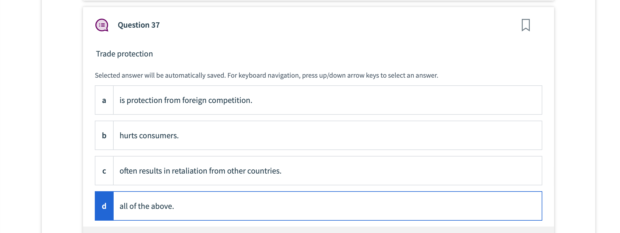 Solved Question 37 ﻿Trade protection Selected answer will be | Chegg.com