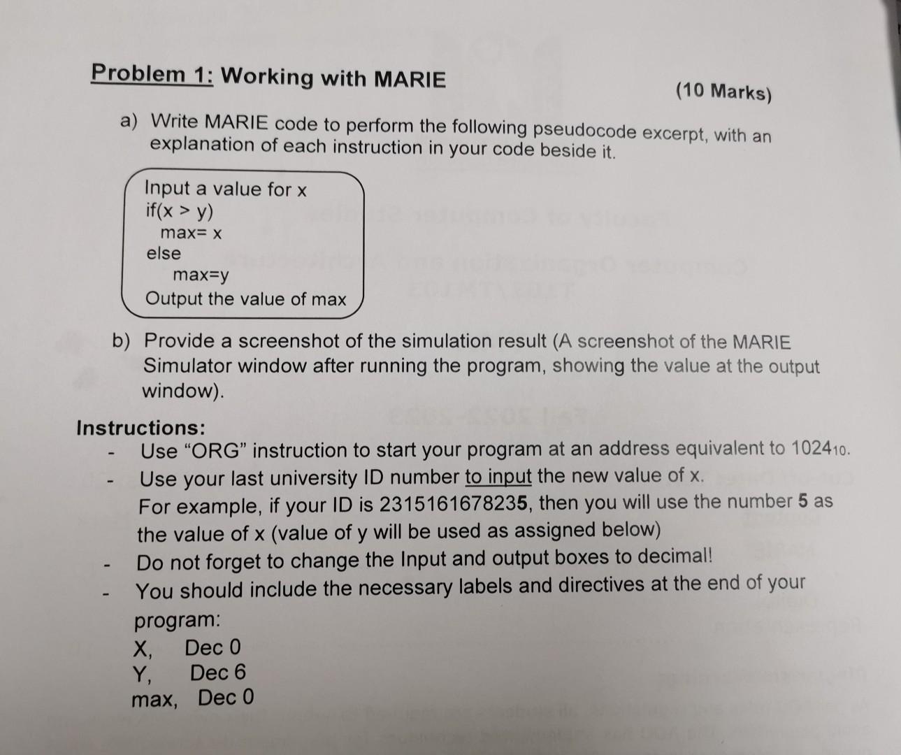 Solved Problem 1: Working with MARIE (10 Marks) a) Write | Chegg.com