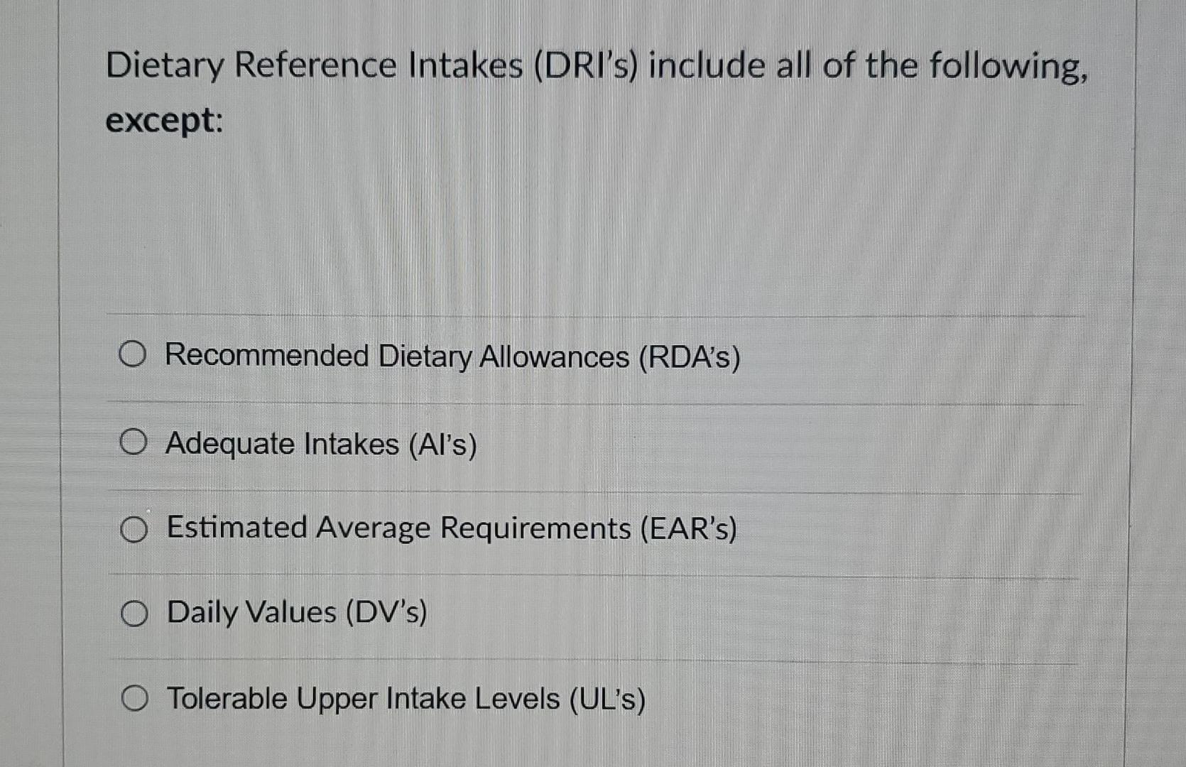 Solved Dietary Reference Intakes (DRI's) ﻿include all of the | Chegg.com