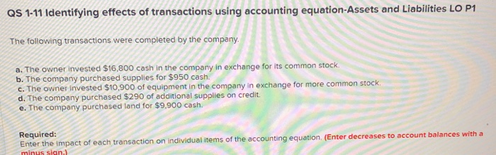 Solved QS 1-11 Identifying effects of transactions using | Chegg.com