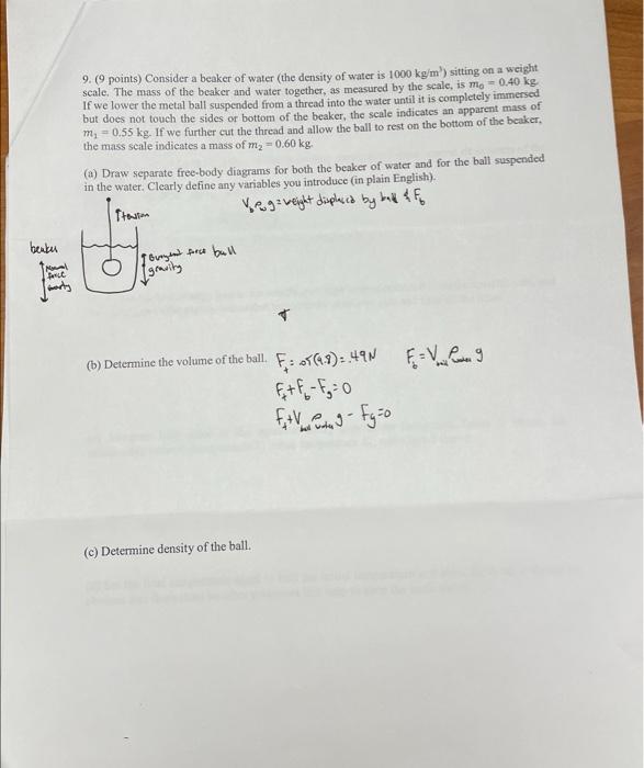 Solved 9. (9 points) Consider a beaker of water (the density | Chegg.com