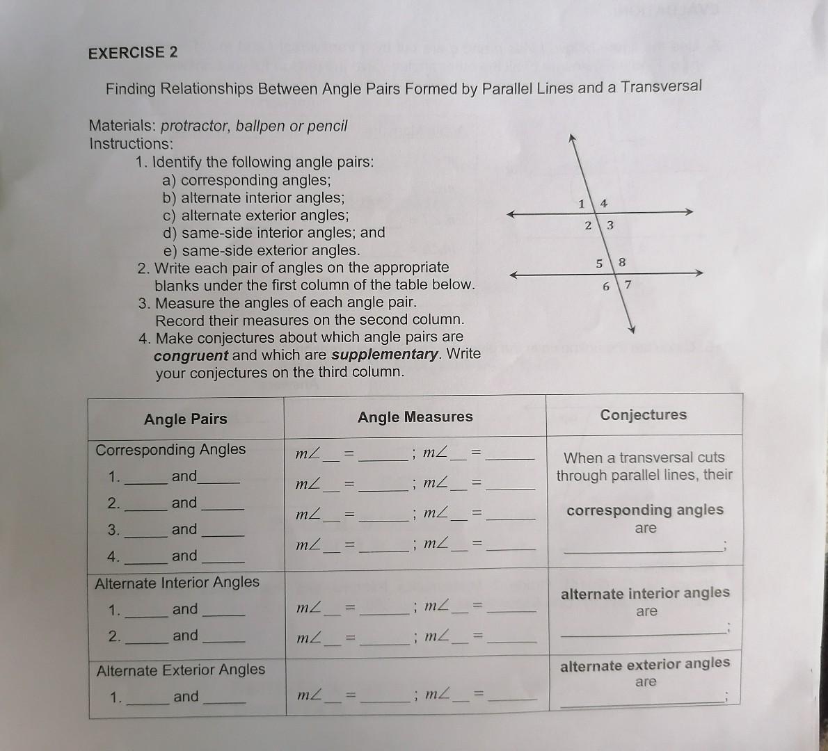 Solved EXERCISE 2 Finding Relationships Between Angle Pairs | Chegg.com