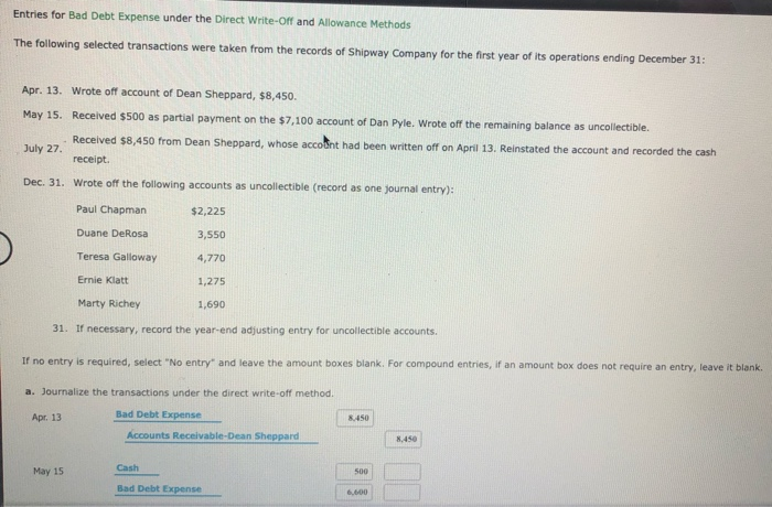 Solved Entries for Bad Debt Expense under the Direct | Chegg.com