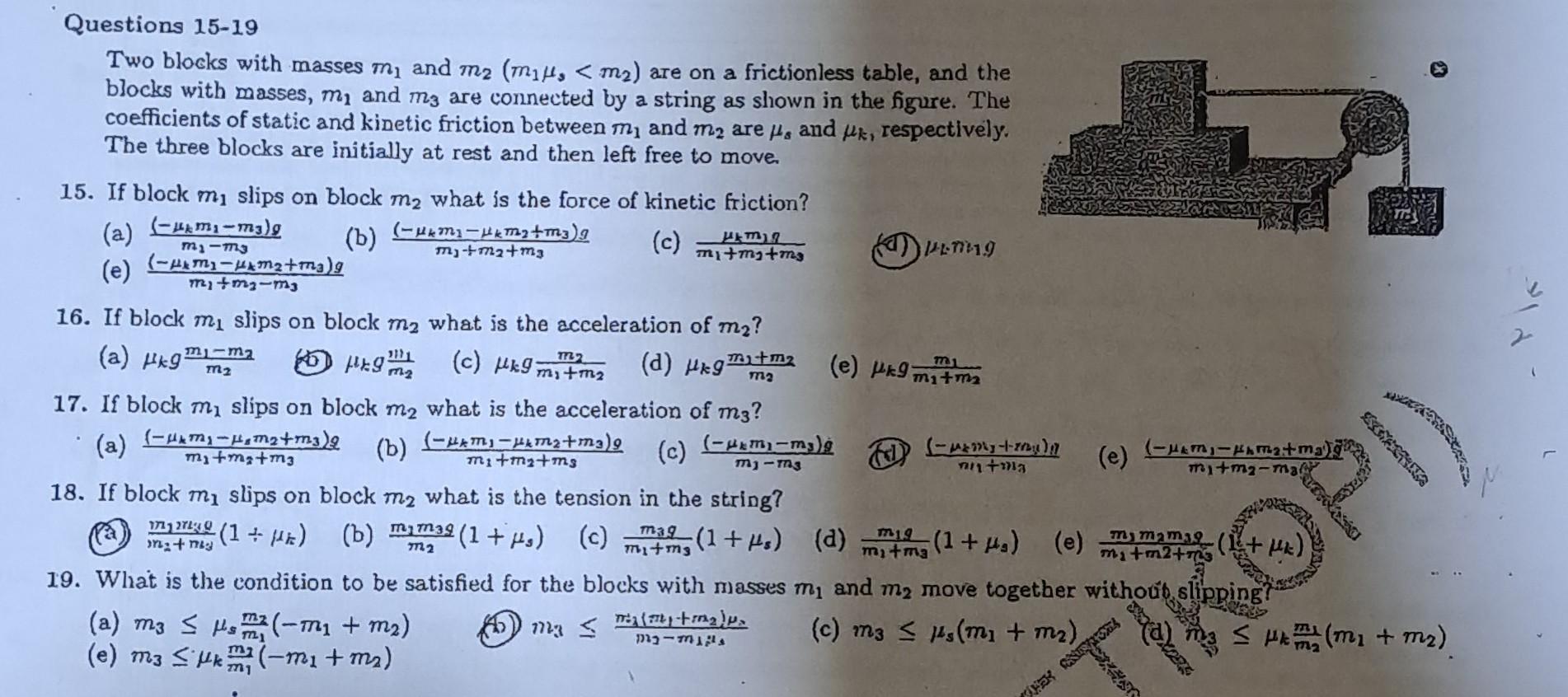 Solved Questions 15-19 Two blocks with masses m1 and m2(m1μs | Chegg.com