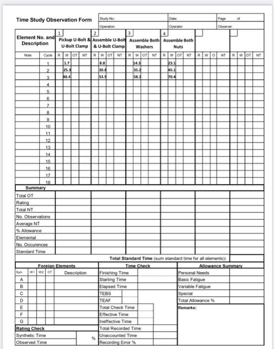 Questions 1. Fill the Time Study sheet assigned to | Chegg.com