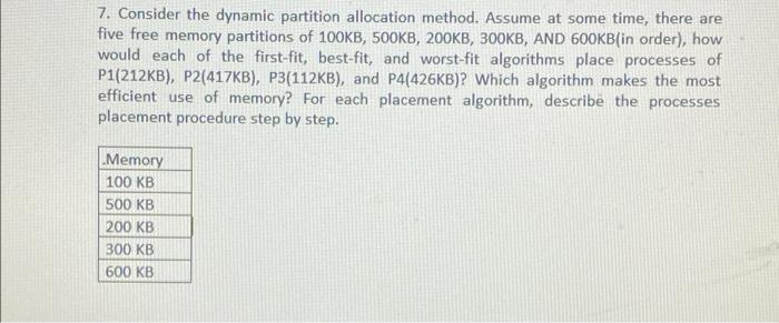 Solved 7. Consider the dynamic partition allocation method. | Chegg.com