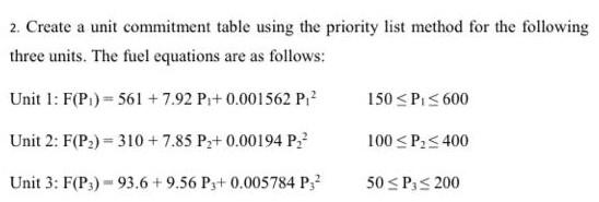 Solved 2. Create a unit commitment table using the priority | Chegg.com