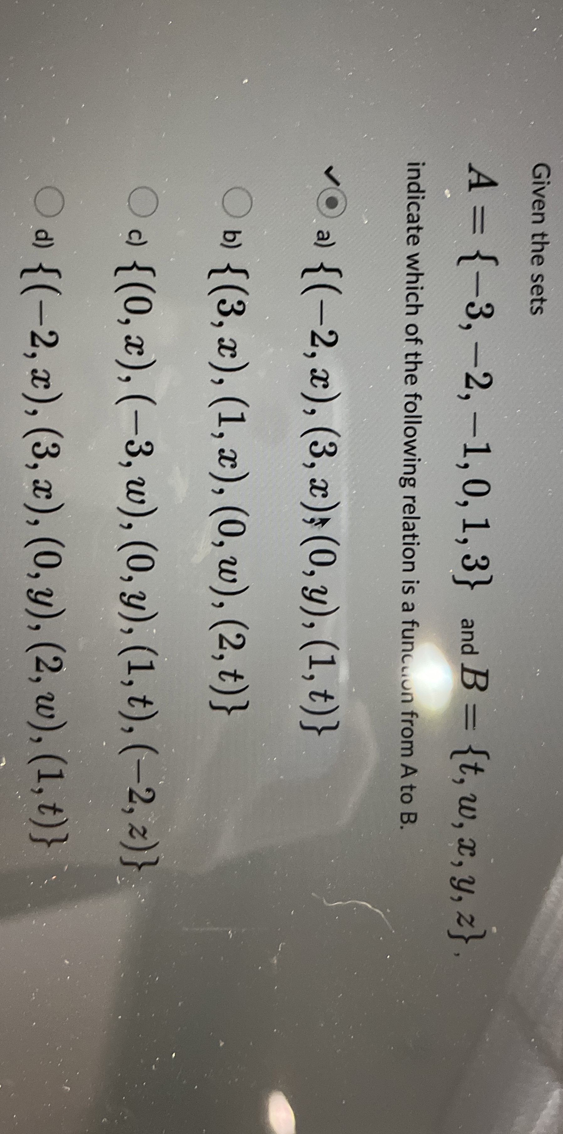 Given the setsA={-3,-2,-1,0,1,3} ﻿and B={t,w,x,y,z}. | Chegg.com