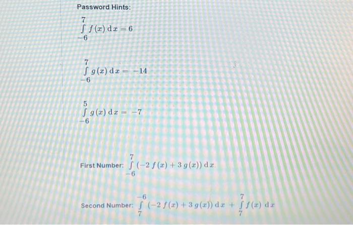 Solved Password Hints: ∫−67f(x)dx=6 ∫−67g(x)dx=−14 | Chegg.com