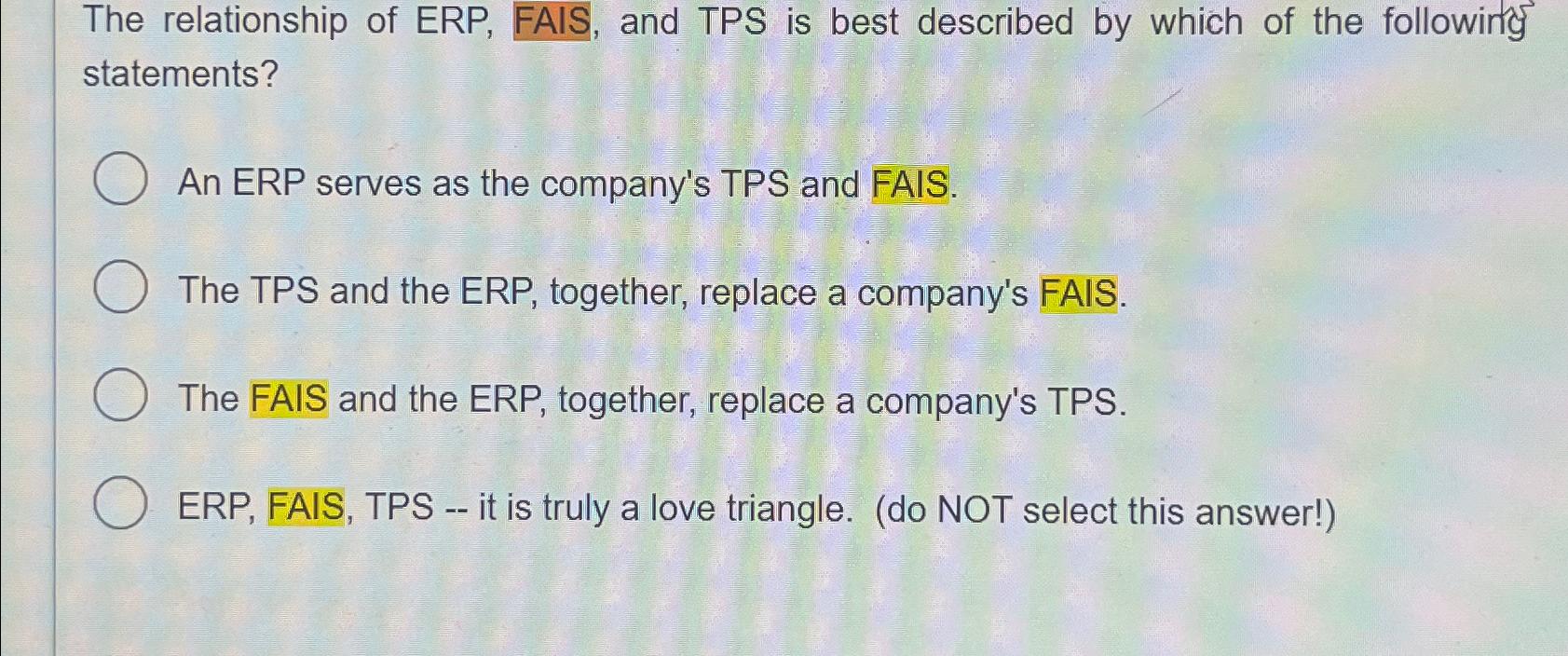 Solved The relationship of ERP, FAIS, and TPS is best | Chegg.com