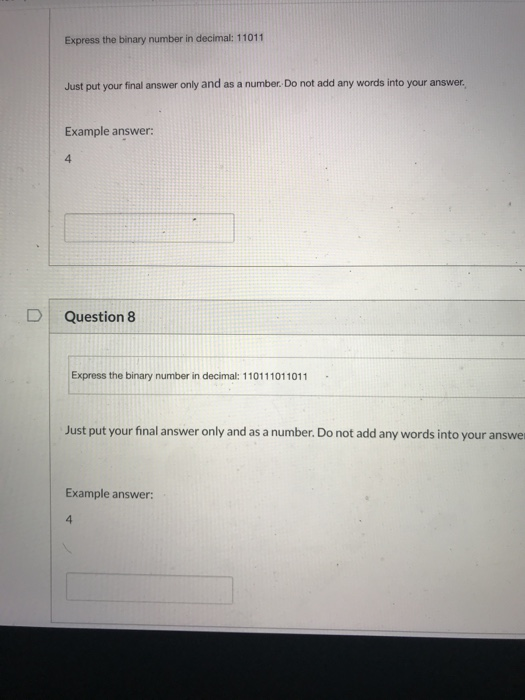 Solved Express the binary number in decimal: 11011 Just put | Chegg.com