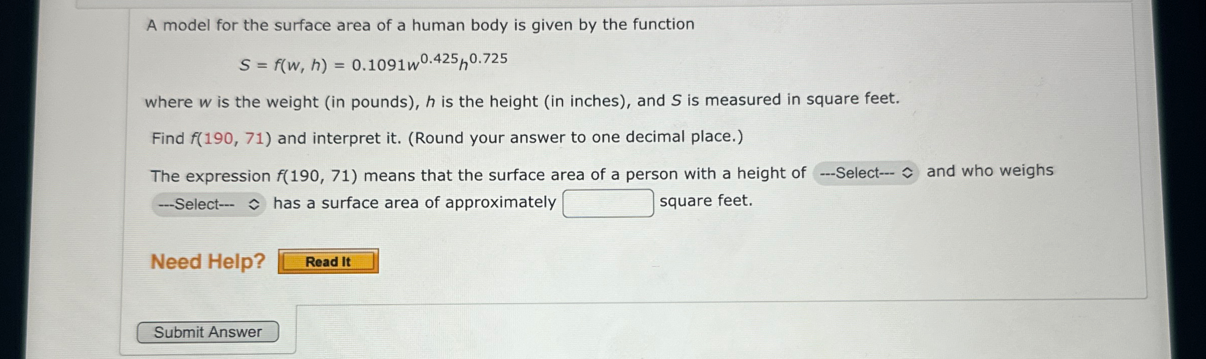 Solved A model for the surface area of a human body is given | Chegg.com
