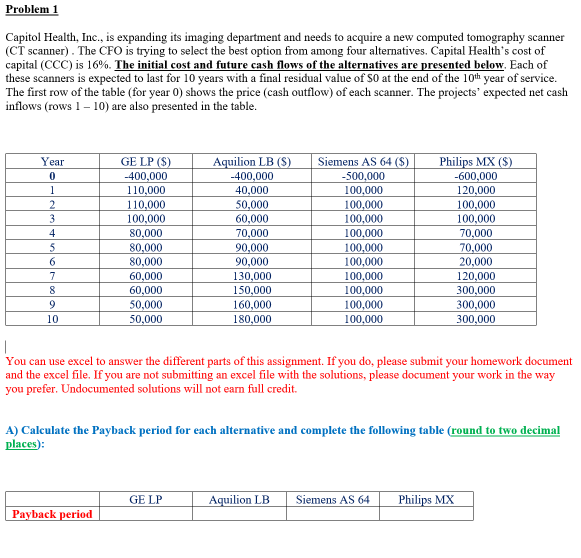 Solved Calculate the Payback period for each alternative and | Chegg.com