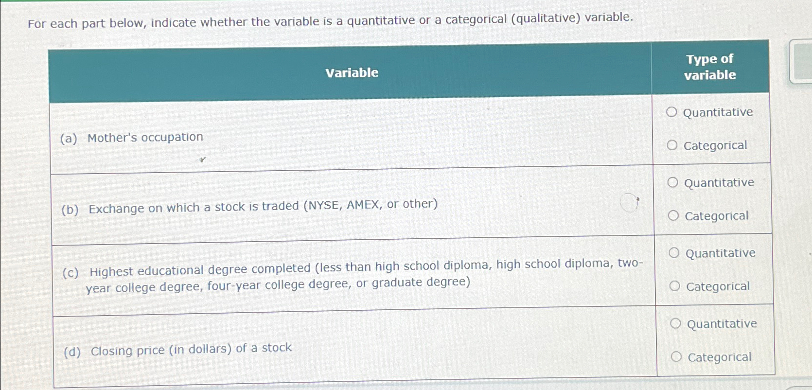 Solved For each part below, indicate whether the variable is | Chegg.com