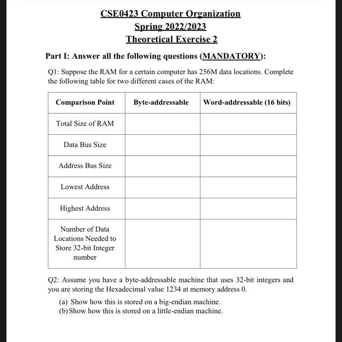 Solved Q1: Suppose the RAM for a certain computer has 256M | Chegg.com