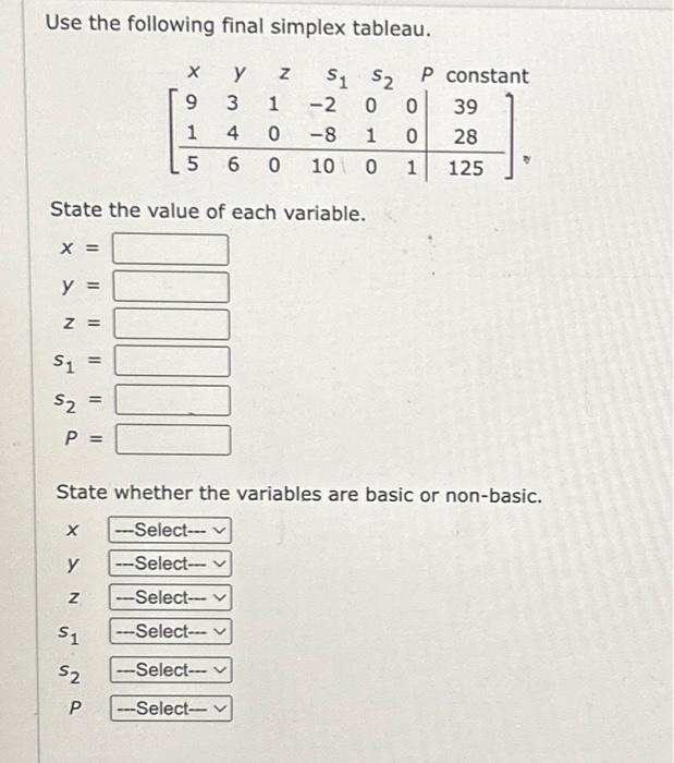 Solved Use the following final simplex tableau. x y S1 S2 9 | Chegg.com