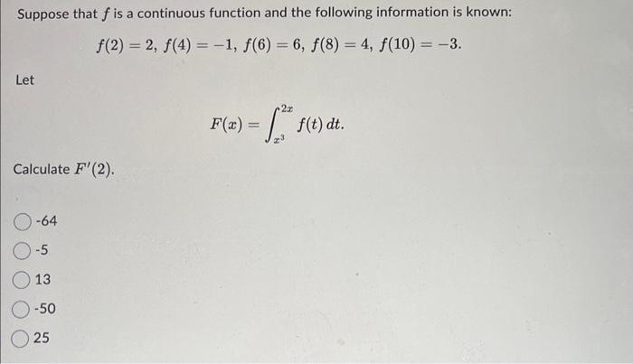 Solved Suppose that f is a continuous function and the | Chegg.com