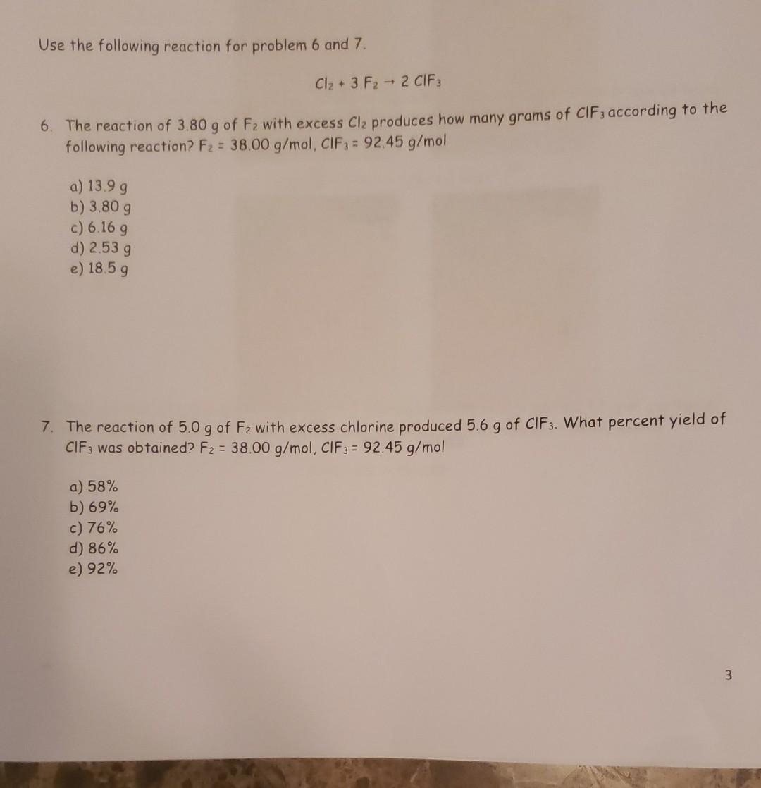 Solved Use the following reaction for problem 6 and 7 . | Chegg.com