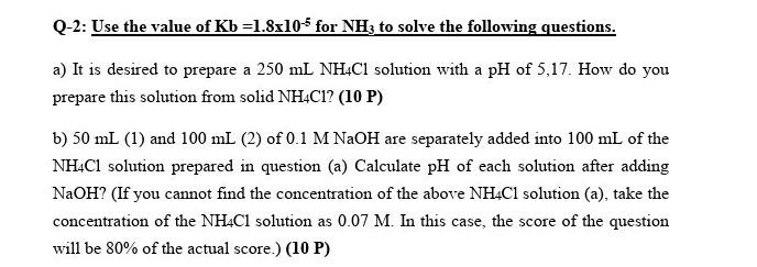 Solved Q-2: Use the value of Kb=1.8×10−5 for NH3 to solve | Chegg.com