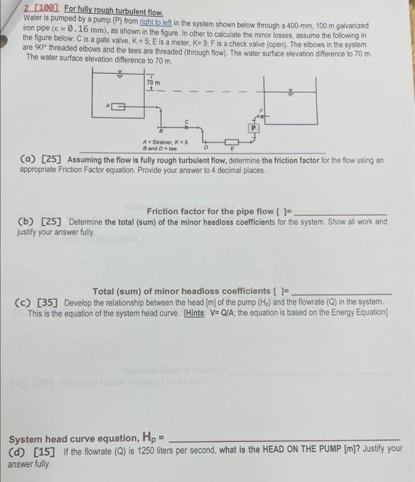 Solved 2 [100] For fully rough turbulent flow. Water is | Chegg.com