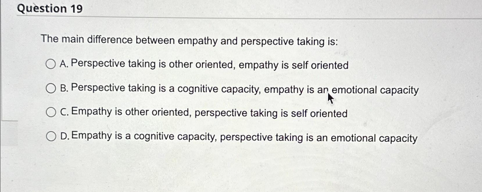 Solved Question 19The main difference between empathy and | Chegg.com
