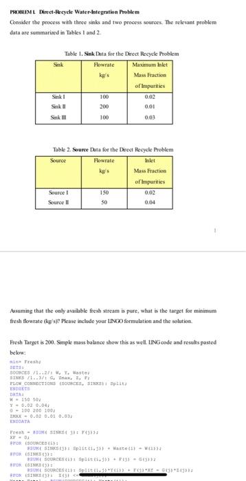 PROBLEM I. Direct-Recycle Water-Integration Problem | Chegg.com