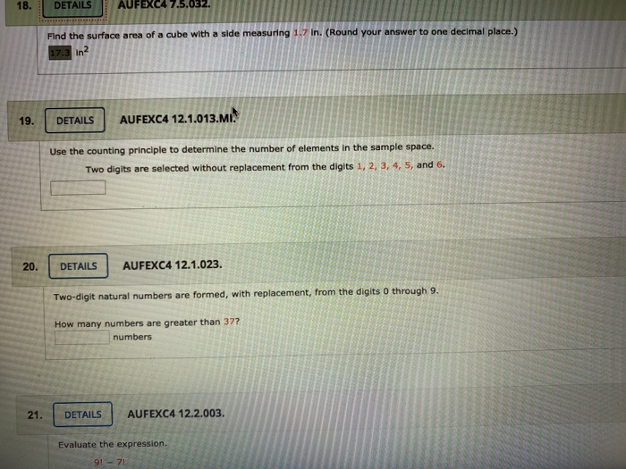 Solved 18. DETAILS AUFEXC4 7.5.05 Z. Find the surface area | Chegg.com