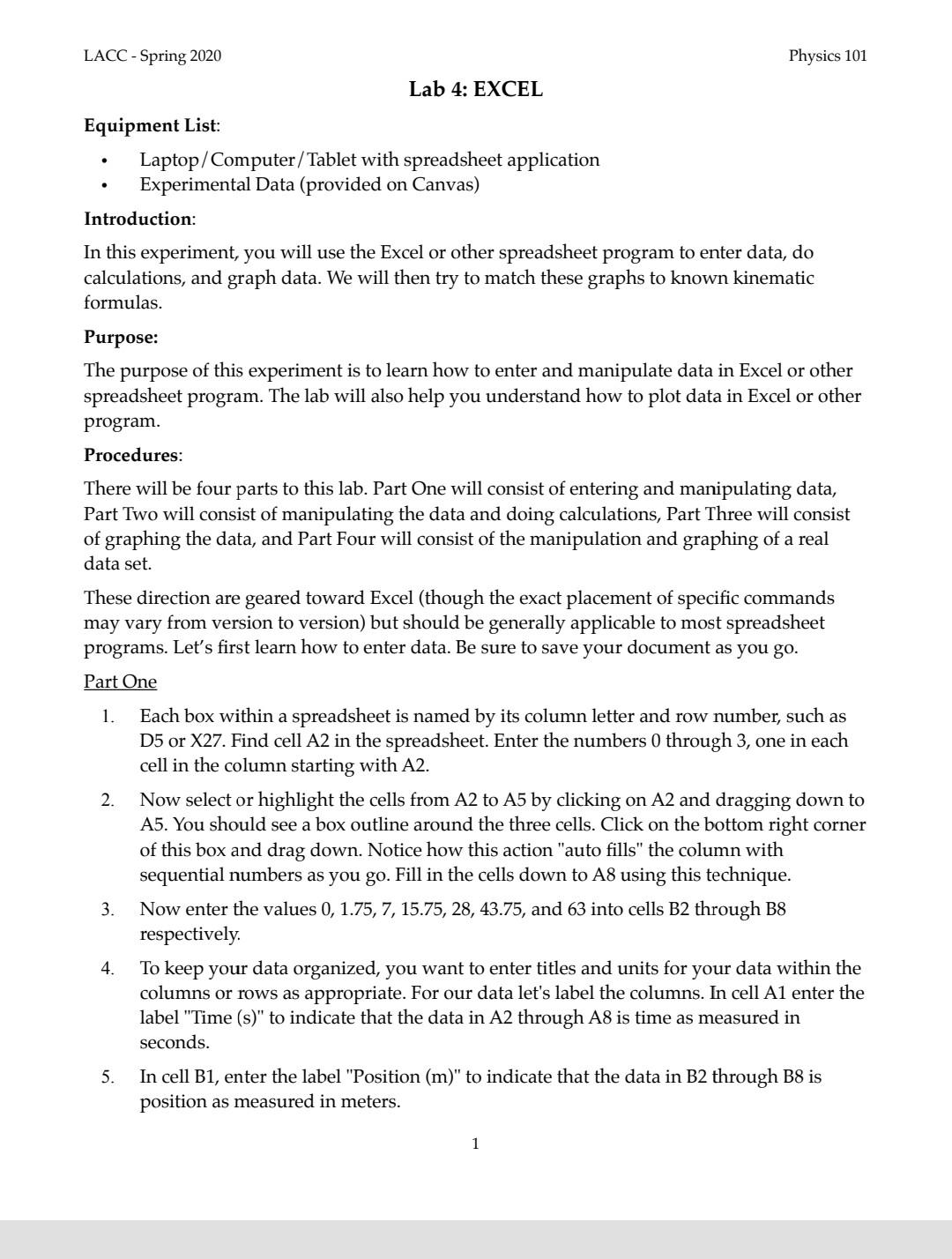 Solved LACC - Spring 2020 Physics 101 Lab 4: EXCEL Equipment | Chegg.com