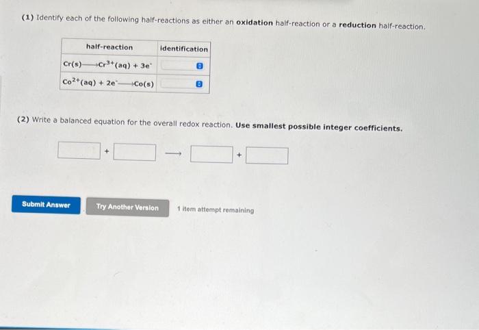 Solved Identify Each Of The Following Half Reactions As