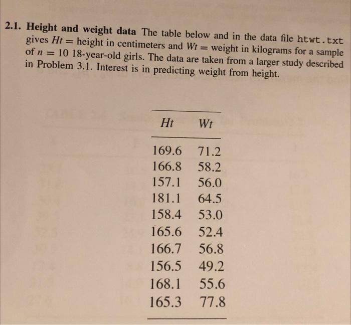 Solved 2.1. Height and weight data The table below and in | Chegg.com