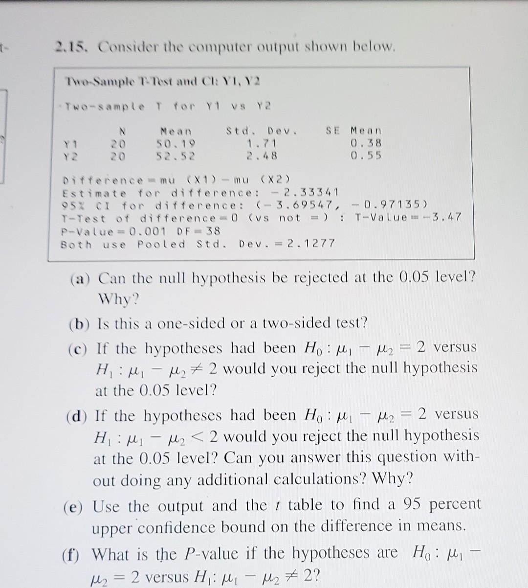 Solved 2.15. Consider the computer output shown below. The | Chegg.com