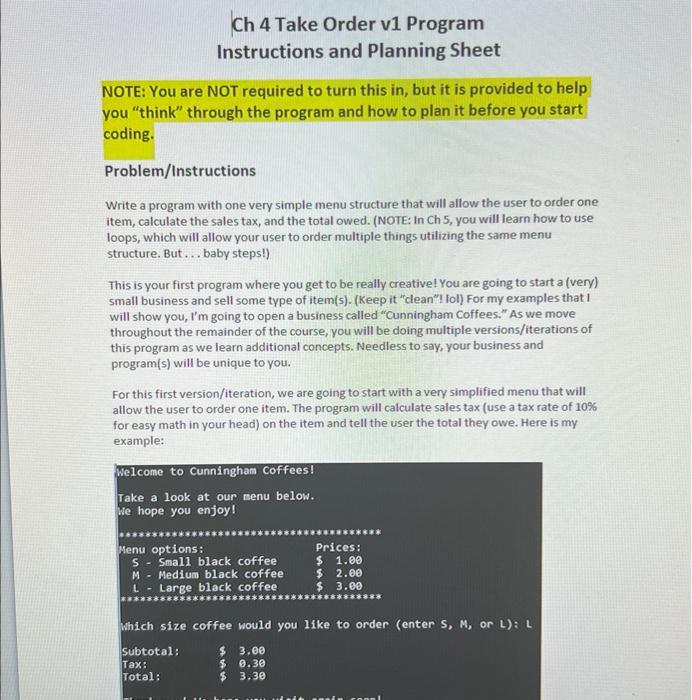 Solved Ch 4 Take Order v1 Program Instructions and Planning | Chegg.com