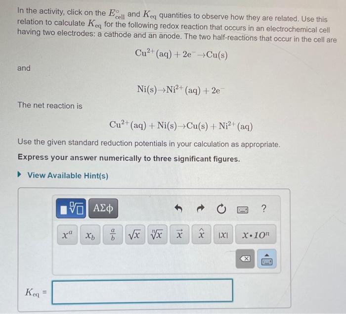 Solved In the activity, click on the Ecell ∘ and Keq | Chegg.com