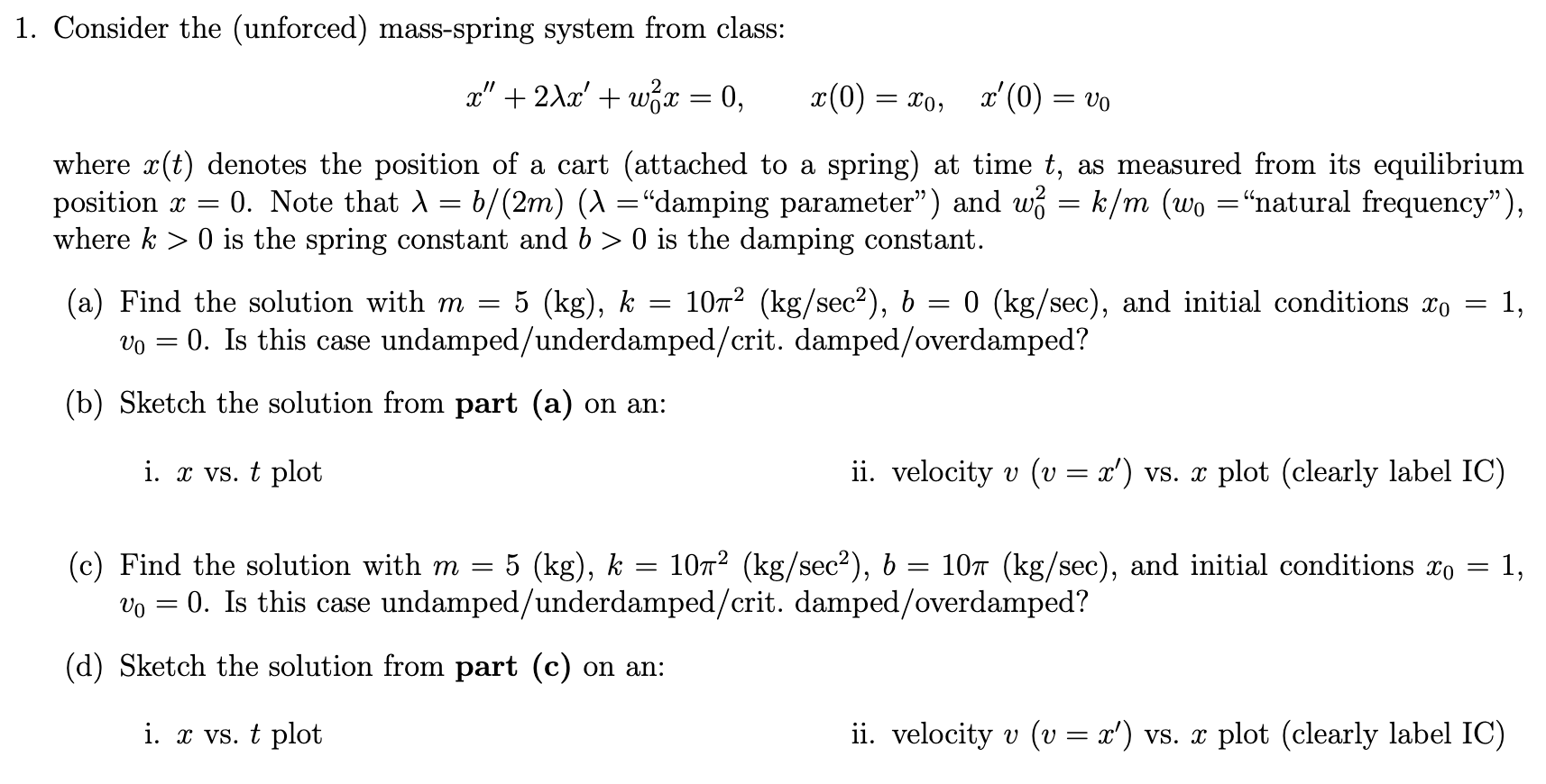Solved Consider the (unforced) ﻿mass-spring system from | Chegg.com