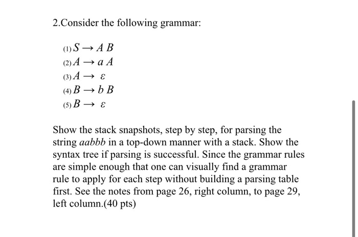 Solved 2. Consider the following grammar: (1)S → AB (2) A → | Chegg.com