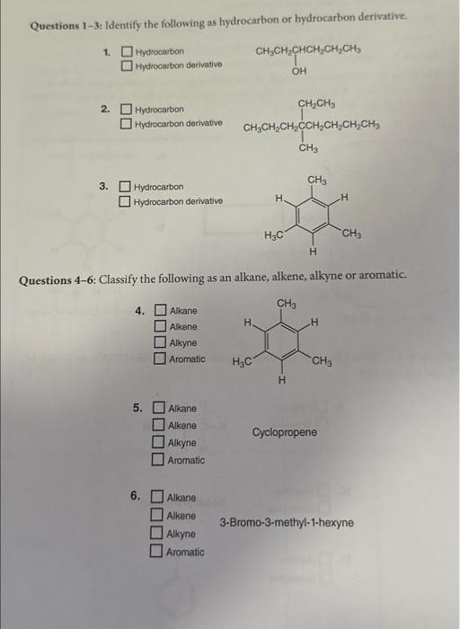 Solved Questions 1-3: Identify the following as hydrocarbon | Chegg.com